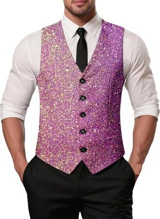 Generico Gilet pour homme Carnaval Costume color&eacute; avec imprim&eacute; masque Col en V Costume de carnaval Costume &agrave; th&egrave;me de Venise | pour sc&egrave;ne et d&eacute;fil&eacute;, Violet cla