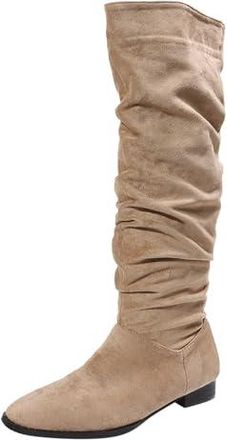 Generic Bottes montantes dhiver 2025 pour femme en daim doux et froncé à bout en amande - Couleur unie - Style vintage - Élégantes - Confortables à enfiler - 