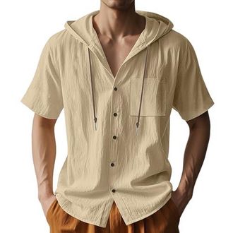 Generic Sweat &agrave; capuche l&eacute;ger en coton et lin pour homme avec poche poitrine - Haut d&eacute;t&eacute; boutonn&eacute; - Col grand-p&egrave;re - Coupe ample - Cordon de serrage, kaki, 3X