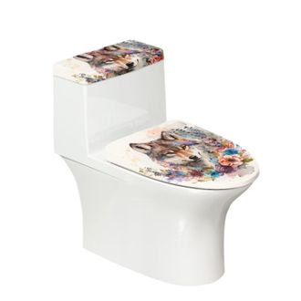 CHAQLIN WC-Deckel-Set mit Blumenwolf, 2 St&uuml;ck, Tierwolf-Design, WC-Sitz-Deckelbezug, WC-Tankbezug-Set f&uuml;r Badezimmer-Dekorationen, waschbar, Tank-Staubschutzh