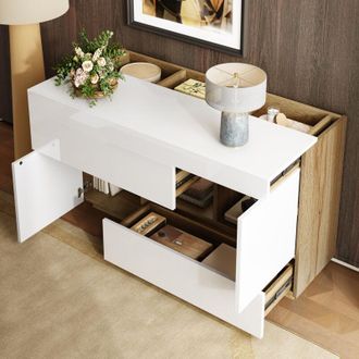 STILVORA Buffet et Enfilade avec 2 Portes, 2 Tiroirs et 1 Niche Ouverte, LED 16 Couleurs, Brillant Blanc et Effet Bois, 120&times;37&times;76,5 cm