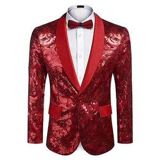 Generic Blazer &agrave; paillettes pour homme - Motif floral dor&eacute; brillant - Pour discoth&egrave;que, discoth&egrave;que, soir&eacute;e - Manteau de sport, Rouge, XXL