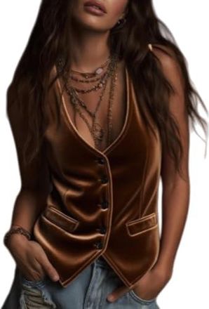 Generic Gilet rétro bohème en velours rose vif, blazer sans manches pour femme, col en V, gilet en velours pour femme, café, XXL