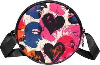 Generic Sac &agrave; bandouli&egrave;re rond pour femme, motif coeur aquarelle, petit sac &agrave; bandouli&egrave;re avec fermeture &eacute;clair, bretelles r&eacute;glables, sac &agrave; main rond d&eacute;contra