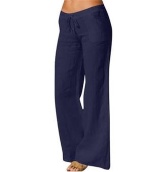 Generic Pantalon d&eacute;t&eacute; Palazzo en lin pour femme - Jambes larges - Pantalon fluide - Style boh&egrave;me - Vacances - Taille &eacute;lastique - Grande taille - Avec poches, 