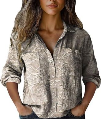 Generic Chemisier &agrave; manches 3/4 pour femme - Imprim&eacute; tendance - Col en V - Chemise florale d&eacute;contract&eacute;e - Chemise d&eacute;t&eacute; d&eacute;contract&eacute;e - Chemise d&eacute;t&eacute; d&eacute;contract&eacute;