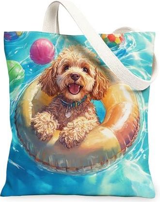 Generic Sac fourre-tout amusant en toile motif chien cavachon pour faire du shopping, 33 x 38,1 cm, sac &agrave; bandouli&egrave;re r&eacute;utilisable pour femme, peinture danima