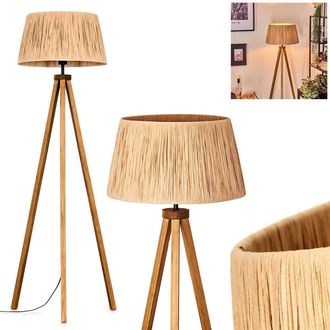 HOFSTEIN Stehleuchte Granja, Stehlampe aus Holz/Bast in Naturfarben, Leuchte im skandinavischen Design mit rundem Schirm (Ø 45 cm) u. Fußschalter, Höhe 150 cm,