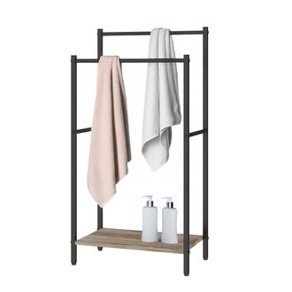 Relaxdays Handtuchst&auml;nder mit Ablage, HxBxT: 81,5x42x24 cm, Holzoptik, 2 Stangen, Handtuchhalter stehend, Natur/schwarz