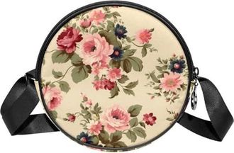 Generic Sac &agrave; bandouli&egrave;re rond pour femme, sac &agrave; bandouli&egrave;re classique vintage &agrave; motif floral avec fermeture &eacute;clair, bretelles r&eacute;glables, sac &agrave; main rond d&eacute;co
