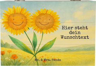 Mr. & Mrs. Panda Personalisierte Holzkiste Blume Sonnenblume Design 22 x 15 cm - Geschenk, mit Namen, Garten, Erinnerungskiste Personalisiert, Geschenkbox, Aufbewahrun