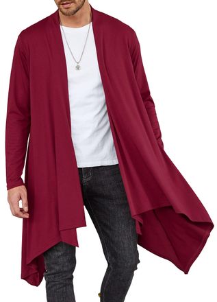 Coofandy Herren R&uuml;schen Schalkragen Cardigan Langarm Open Front Leicht Lange L&auml;nge Drape Cape &Uuml;bermantel mit Taschen, Rot-lang, Mittel