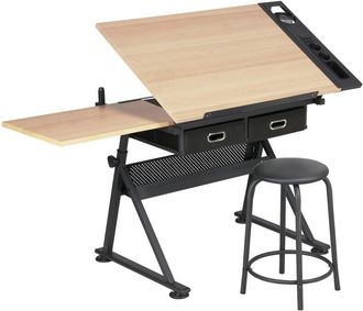 Yaheetech Yaheetech - Table &agrave; Dessin Inclinable Hauteur R&eacute;glable avec Tabouret et 2 Tiroirs Compartiments &agrave; Crayons Bureau pour Dessinateur Peintre Ing&eacute;nieur