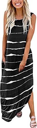 Generic Robes boh&egrave;me 2026 pour femmes, robe longue d&eacute;t&eacute; et de printemps, col rond, sans manches, poches longues fendues, d&eacute;bardeur de plage, blanc, L