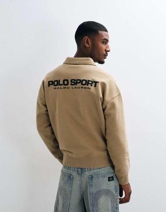 Polo Ralph Lauren sweat-shirt zipp&eacute; 1/4 &agrave; imprim&eacute; dos ours sport cr&egrave;me-Blanc