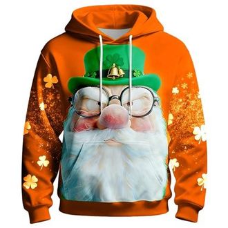 Generic Sweat &agrave; capuche ample &agrave; manches longues avec imprim&eacute; tr&egrave;fle vert pour homme, Orange-3., XXL