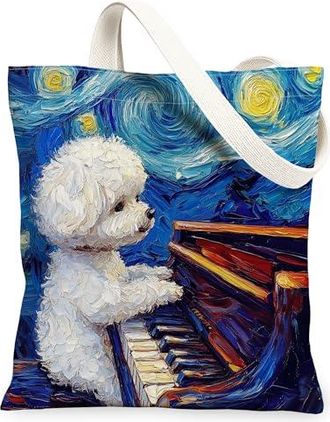 Generic Sac fourre-tout en toile r&eacute;utilisable motif bichon fris&eacute; 33 x 38 cm, motif piano &eacute;toil&eacute;, sac d&eacute;picerie pour femme, animal domestique, chiot, peinture,