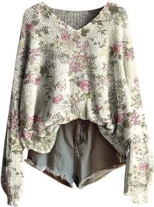 Generic 2025 Pull Femme Hiver Vintage Imprim&eacute; Floral Boh&egrave;me Pullover Tricot&eacute; Chic Col Rond Manche Longue Sweater Motif Jacquard Tunique Grande Taille Casual V