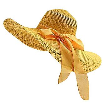 Generic Chapeau de plage large &agrave; bord souple pour femme - Casquette color&eacute;e &agrave; bord large avec noeud - Casquette de baseball en maille pour femme, jaune, Taill
