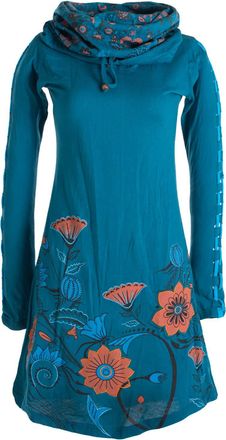 vishes Alternative Bekleidung - Damen Kleid mit Blumen-Muster Langarm Herbst Fr&uuml;hling Schalkragen t&uuml;rkis 40