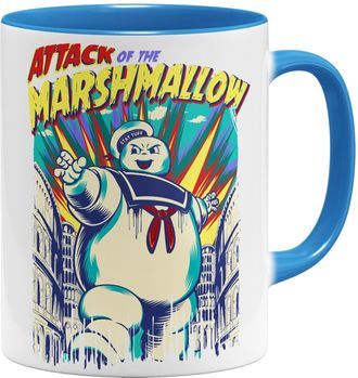 OM3 Ghost Marshmallow Attack Kaffee-Tasse mit Retro Motiv - Comic Style - Keramik Becher - 325ml - Beidseitig Bedruckt - Hellblau