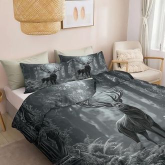 Generic Housse de Couette Imprimer Noir Gris 220 x 240 cm, Parure de Lit R&eacute;versible Fantaisie For&ecirc;t Animaux Cerf Housse de Couette Enfants Gar&ccedil;ons Filles Adol