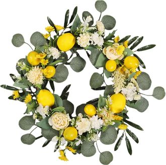 FOMIYES Künstlicher Zitronenkranz mit künstlichen gelben Zitronen-Pfingstrosen, Olivenblatt-Dekoration, Herbst, Sommer, künstlicher Obstkranz für Zuhause, Wan