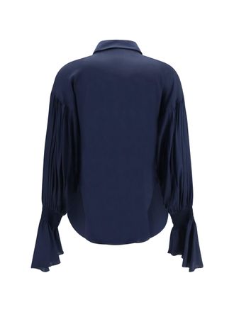 Ella Bell Sleeve Silk-Blend Shirt - Navy