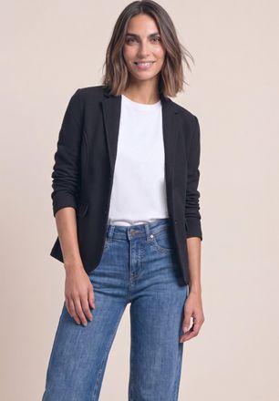 Street One Kurzblazer STREET ONE, Damen, Gr. 34, schwarz, Stoff, 70% Polyester, 27% Viskose, 3% Elasthan, unifarben, normal normal, V-Ausschnitt, abgesteppt, Bla