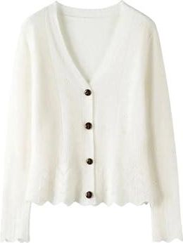 Generic Pull de printemps en laine &agrave; manches longues et col en V pour femme 100 % laine m&eacute;rinos, blanc, Taille XL