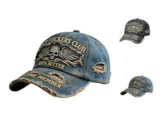 Generic Old Fuckers Club Casquette de baseball vintage vieilli - Chapeau de papa en denim d&eacute;lav&eacute; avec cr&acirc;ne, boucle r&eacute;glable, style brod&eacute;, bleu jean, Taille u
