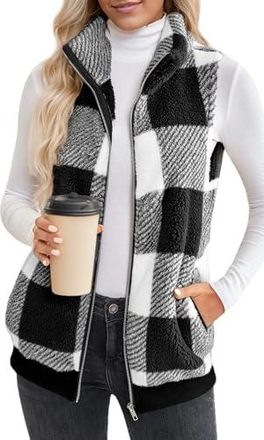 Feoya Gilet Polaire à Carreaux pour Femmes Automne Hiver Gilet Chaud sans Manches Vestes Zippées à col Montant Gilet doux avec Poches Noir XXL