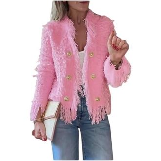 Generic Cardigan tendance à franges pour femme, manches longues, ouvert sur le devant, boutonné, fausse fourrure duveteuse, bordure au crochet, vestes tendanc