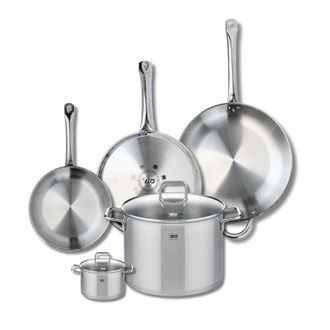 Fackelmann ELO 9511650 Batterie de cuisine 5 pièces, Ensemble de 3 Poêles de cuisson 24, 28 et 32 cm et 2 faitouts 12 et 26 cm Elo Profi Citrin, inox, induction,
