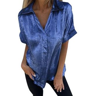 Generic Haut &agrave; paillettes pour femme - Chemise d&eacute;contract&eacute;e boutonn&eacute;e - Confortable et doux - Manches courtes - Col en V - Chemise d&eacute;t&eacute; l&eacute;g&egrave;re &agrave; revers, bleu,