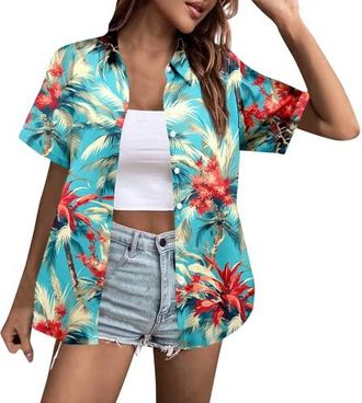 Generic Chemise hawa&iuml;enne grande et grande pour femme - Style d&eacute;contract&eacute; - Motif palmier hawa&iuml;en - Chemise de plage des Cara&iuml;bes - Chemise &agrave; manches courtes 