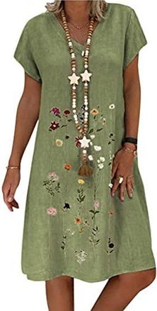 Minetom Robe Été Femme de Plage Rétro Bohême Robes Col V Robes au Genou Manches Courte Imprimé Floral Casual Grande Taille Tuniques Ample C Kaki 3XL