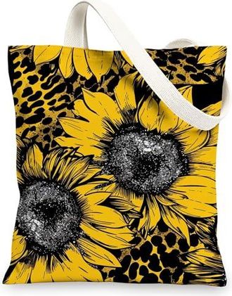 Generic Sac fourre-tout en toile motif tournesol, élégant imprimé floral et animal, sacs dépicerie réutilisables, légers et lavables, jaune, 13x15 Inch