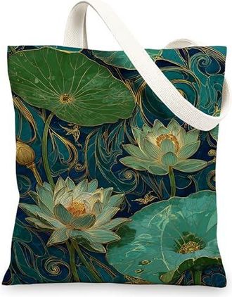 Generic Sac fourre-tout en toile motif nénuphar, sacs réutilisables, vintage légers et lavables avec bandoulière en toile Ba, vert, 13x15 Inch