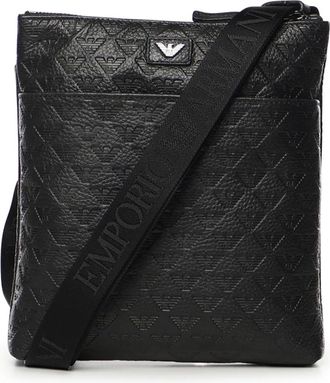 Emporio Armani Homme, Sacs, Noir, Taille: ONE Size Sac bandouli&egrave;re plat en cuir avec aigle gaufr&eacute;