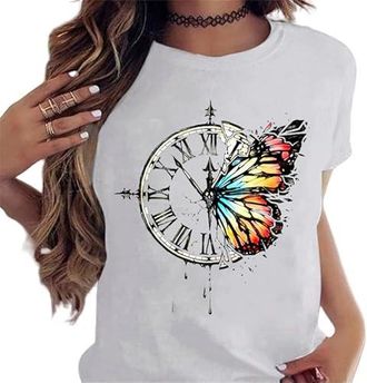 Keephen Papillon avec Fleurs T-Shirt Femmes Esth&eacute;tique Papillon Impression 3D T-Shirt Manches Courtes Col Rond Streetwear Dames &Eacute;t&eacute; Mignon Tops