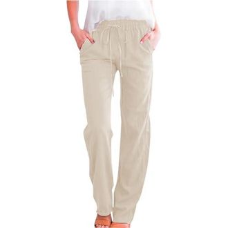 Generic Pantalon en lin pour femme Printemps &eacute;t&eacute; habill&eacute; taille haute avec cordon de serrage en coton droit Pantalon de d&eacute;tente Pantalon de plage, beige, XXL