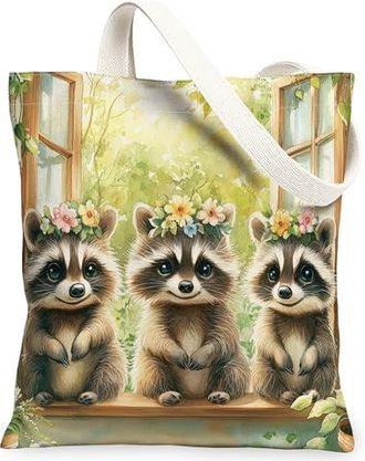 Generic Sac fourre-tout en toile de raton laveur printanier pour faire du shopping, 33 x 38,1 cm, sac d&eacute;picerie r&eacute;utilisable pour femme, peinture esth&eacute;tique, 