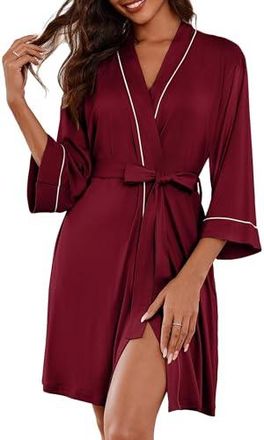 Ekouaer Peignoir de Bain Femme Ultra Doux Léger Robe de Chambre Femme Ete Grande Taille Courte Manches 3/4 Kimono,Rouge Foncé, XXL