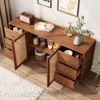 STILVORA Buffet et Enfilade avec 6 Tiroirs et 2 Portes en Rotin, Style Moderne, en MDF, 160&times;40&times;90 cm, Marron