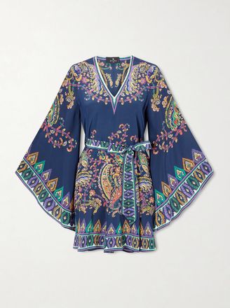 Etro Minikleid Aus Seiden-twill Mit Paisley-muster Und Bindeg&uuml;rtel - Blau