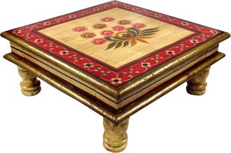 Guru Shop Bemalter Kleiner Tisch, Minitisch, Blumenbank - Blümchen Gelb/rot, 16x38x38 cm