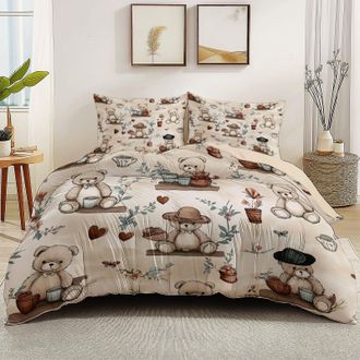 Generic Bettw&auml;sche Set Dorf-Teddyb&auml;r-Blumen Beige Blau Bettbezug Mit 2 Kissenbez&uuml;ge 80X80 cm Bedding Mikrofaser Bettbezug 3Er Set Mit Rei&szlig;verschluss B&uuml;gelfrei