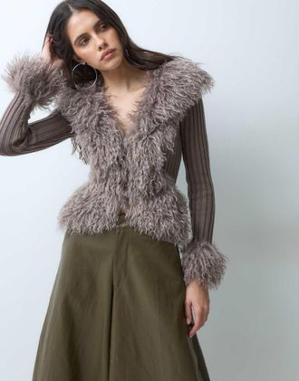 I.AM.GIA Cressida gilet zipp&eacute; en maille compacte avec bordure en faux-fur shaggy, couleur mushroom-Marron