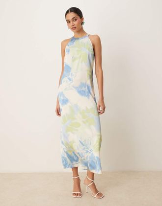 Vila Robe longue en satin imprim&eacute; marbr&eacute; avec col montant-Multicolore